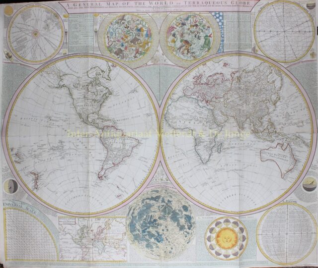 rare original antique wall map of the world, 1794