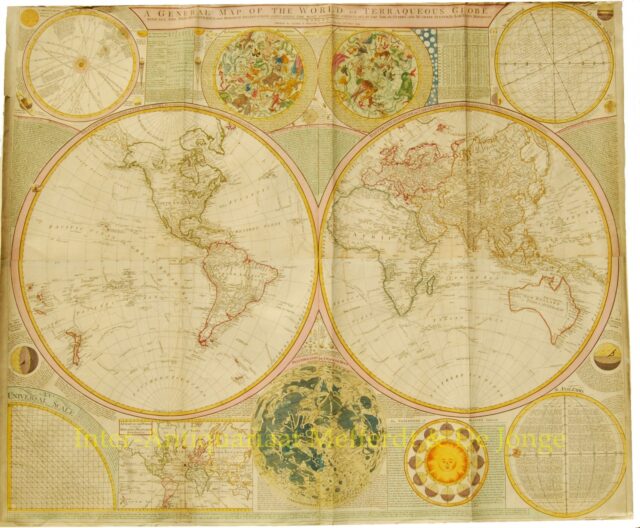 rare original antique wall map of the world, 1794