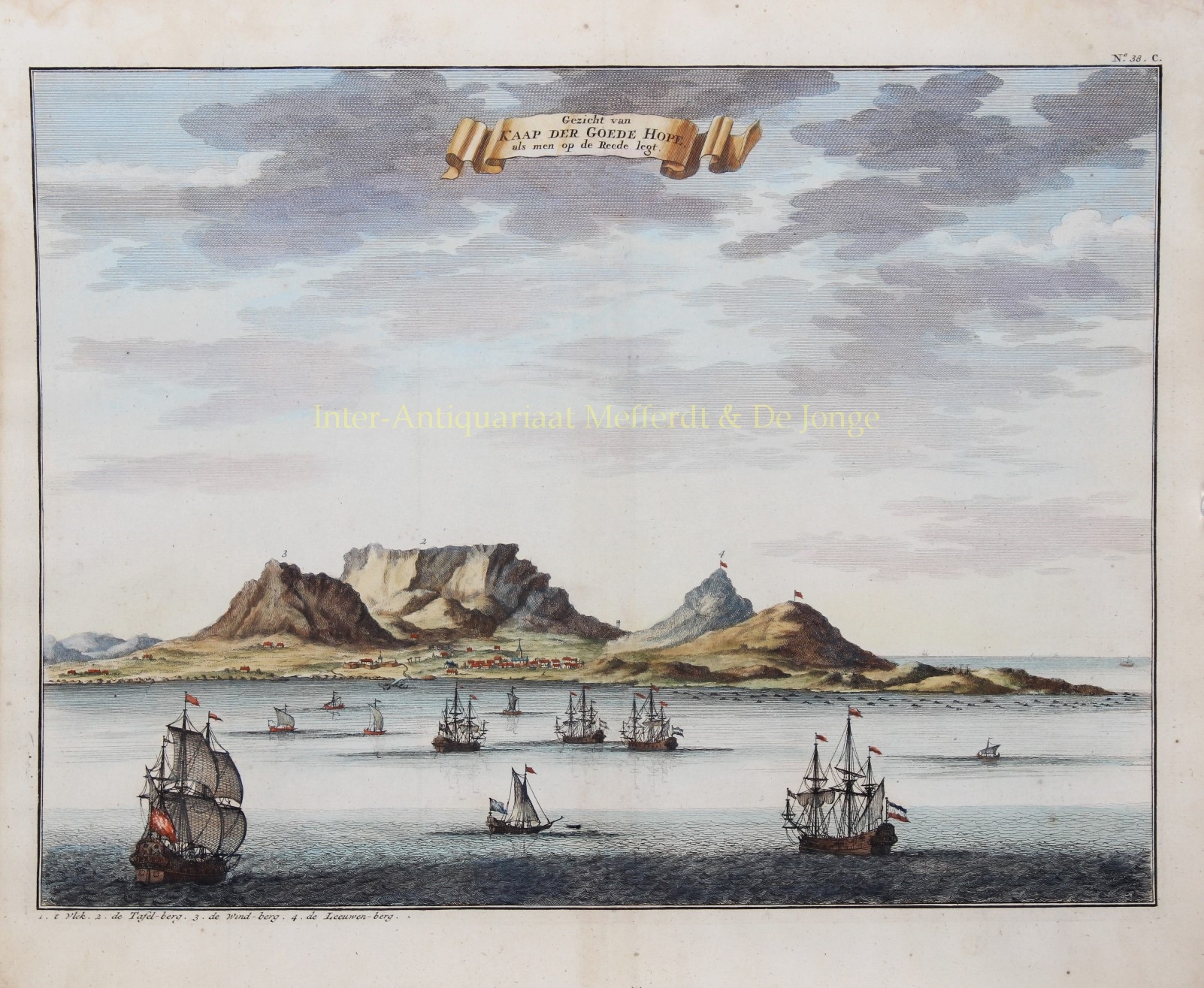 oude prent originele antieke gravure Kaap de Goede Hoop Tafelbaai VOC